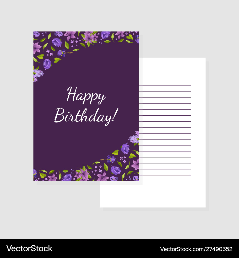 Happy birthday purple card template with flowers Vector Image