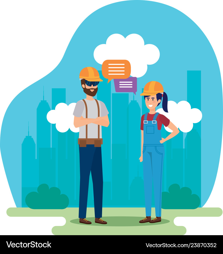 Industrial workers talking in the camp Royalty Free Vector