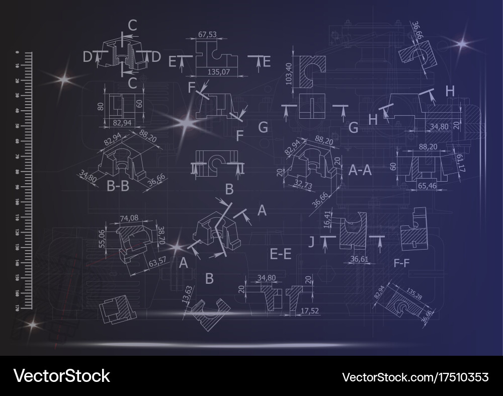 Machine-building drawings on a blue background Vector Image