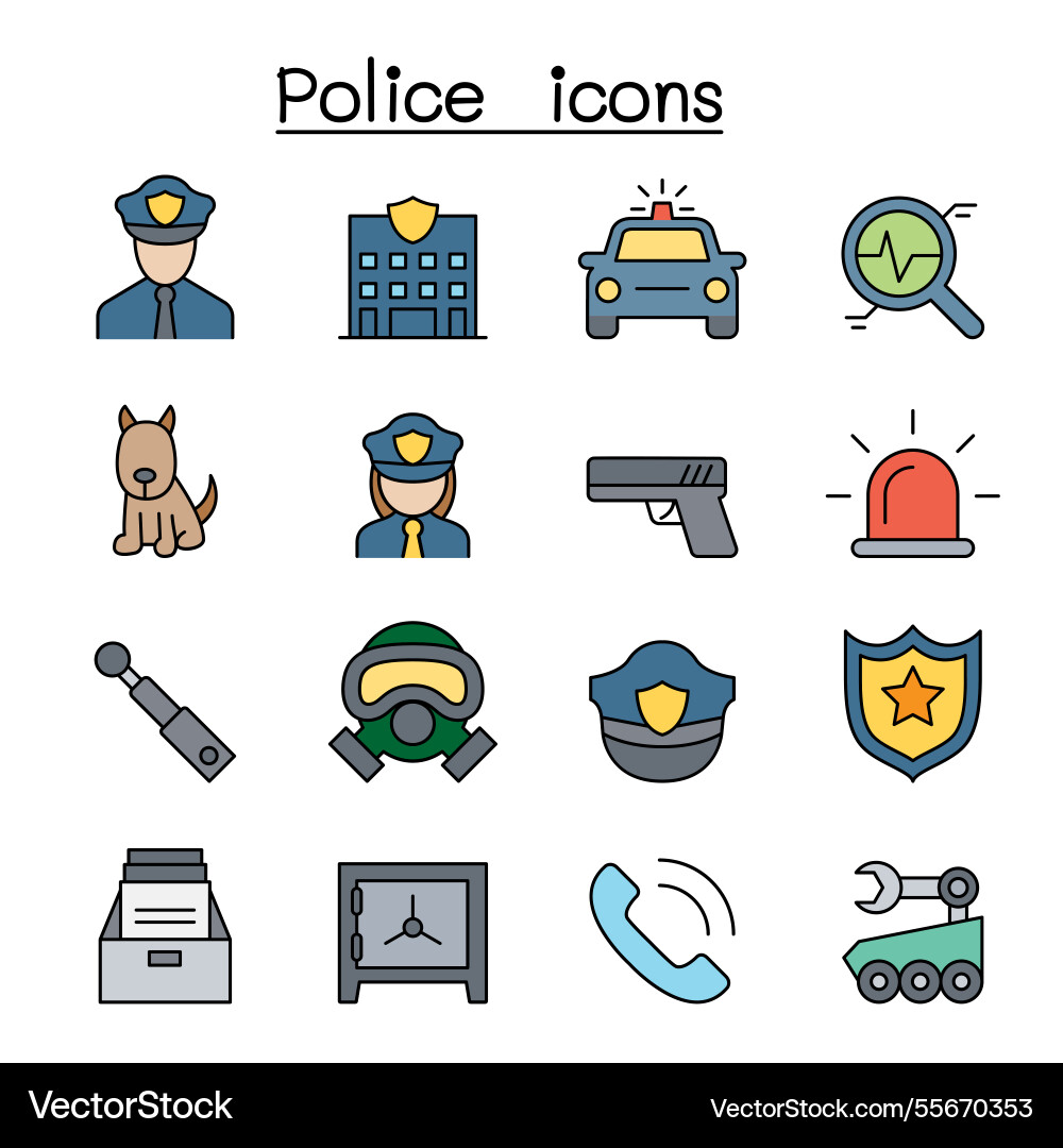 Police icon set in color line style Royalty Free Vector