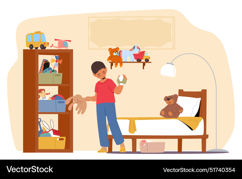 Young child cleaning a messy room and organizing Vector Image