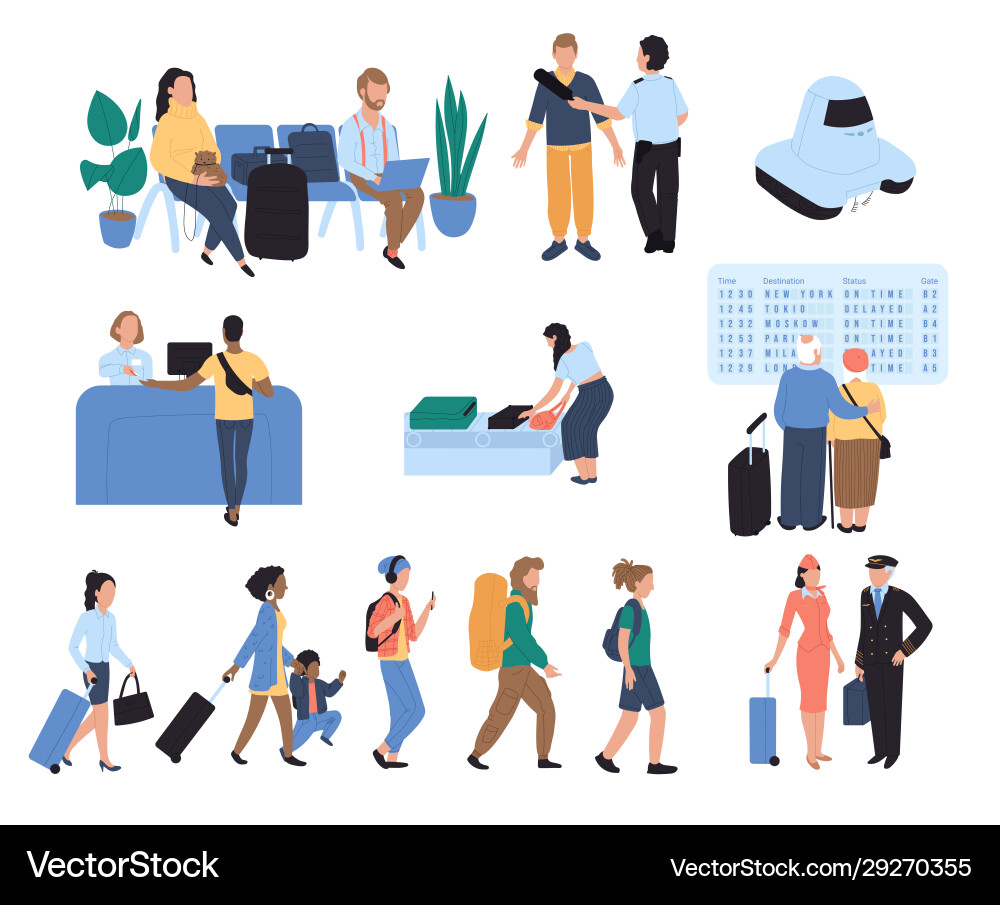 Airport passengers cartoon characters Royalty Free Vector
