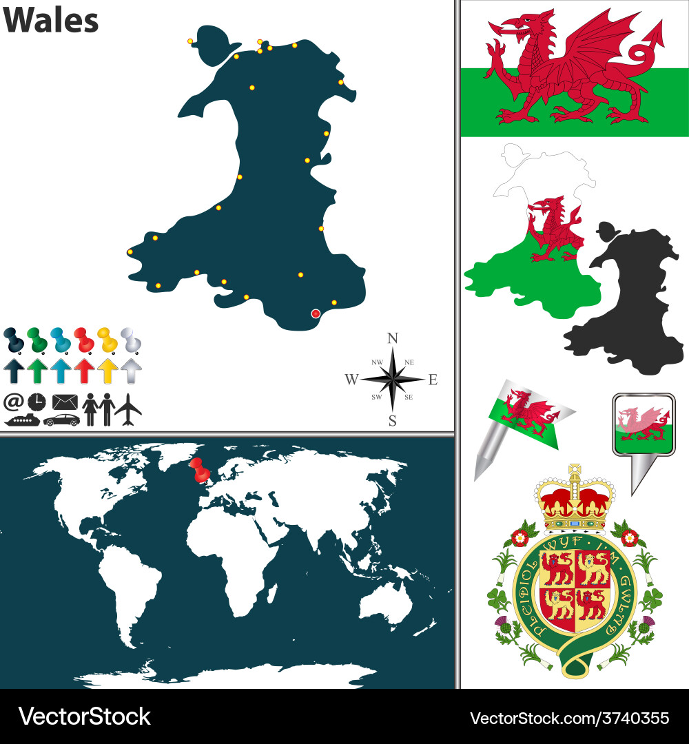 Wales map world Royalty Free Vector Image - VectorStock