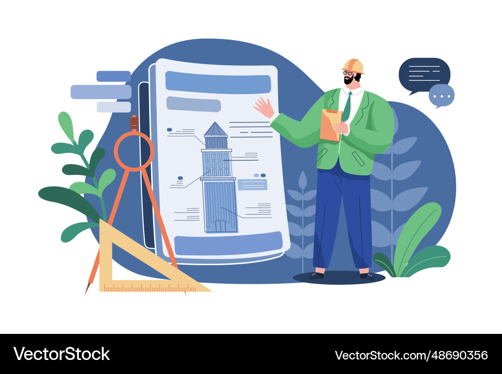 Engineer analysis blueprint of the construction Vector Image