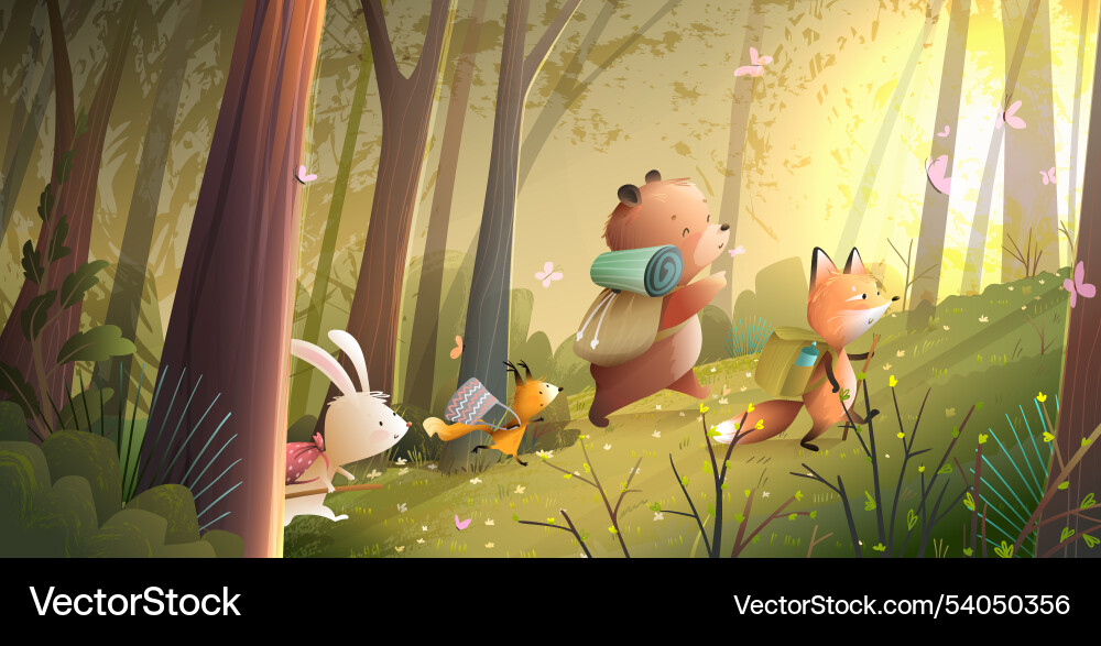 Wild animals bear fox hiking adventure in forest Vector Image