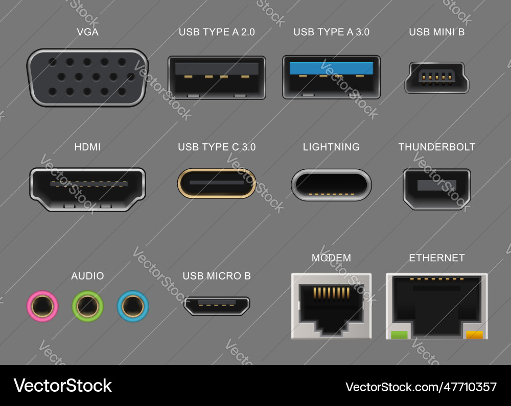 Connector and charge ports usb vga hdmi Royalty Free Vector