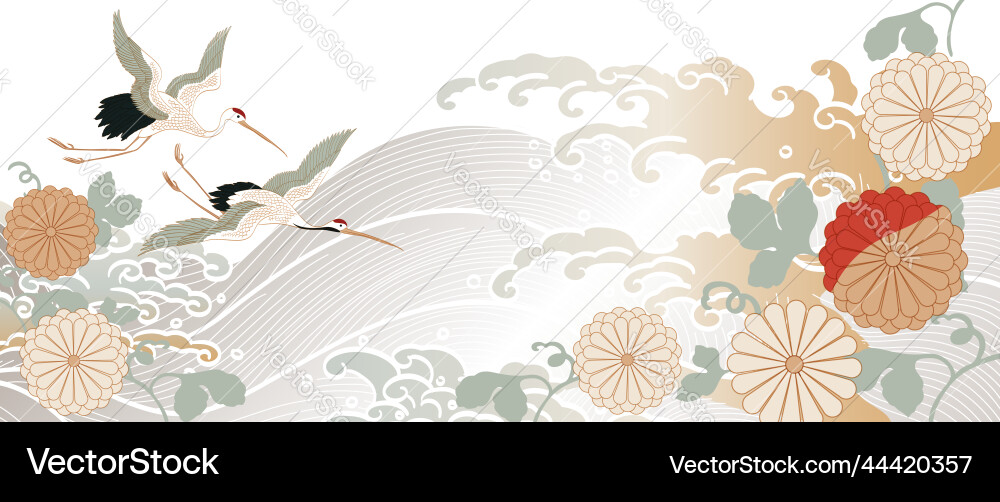 Crane birds japanese background with hand drawn Vector Image