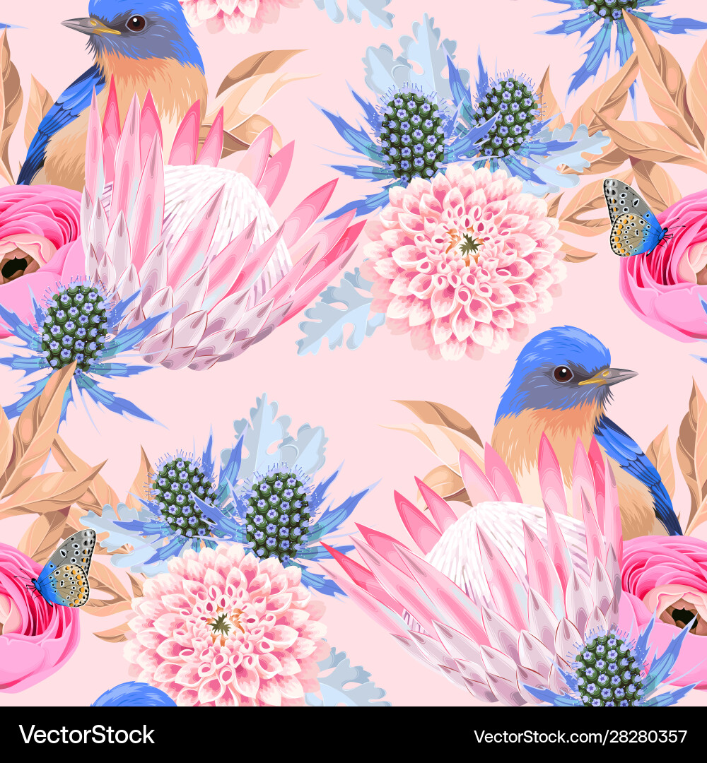 Seamless pattern with protea and birds Royalty Free Vector