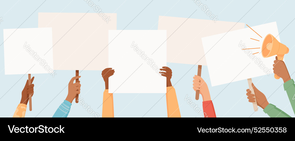 Multiple hands hold signs at a protest Royalty Free Vector