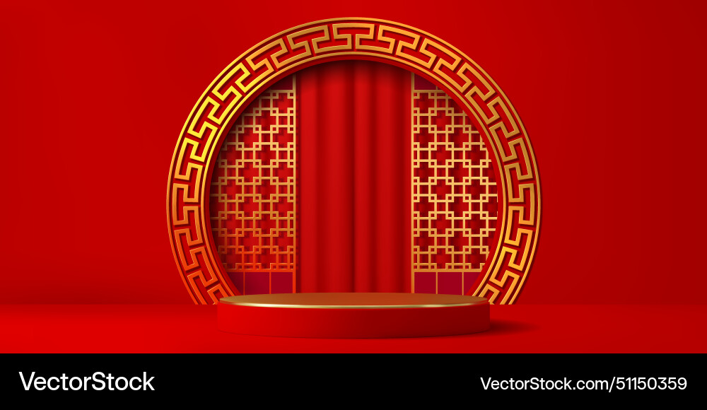 3d chinese red podium stage with golden arch Vector Image