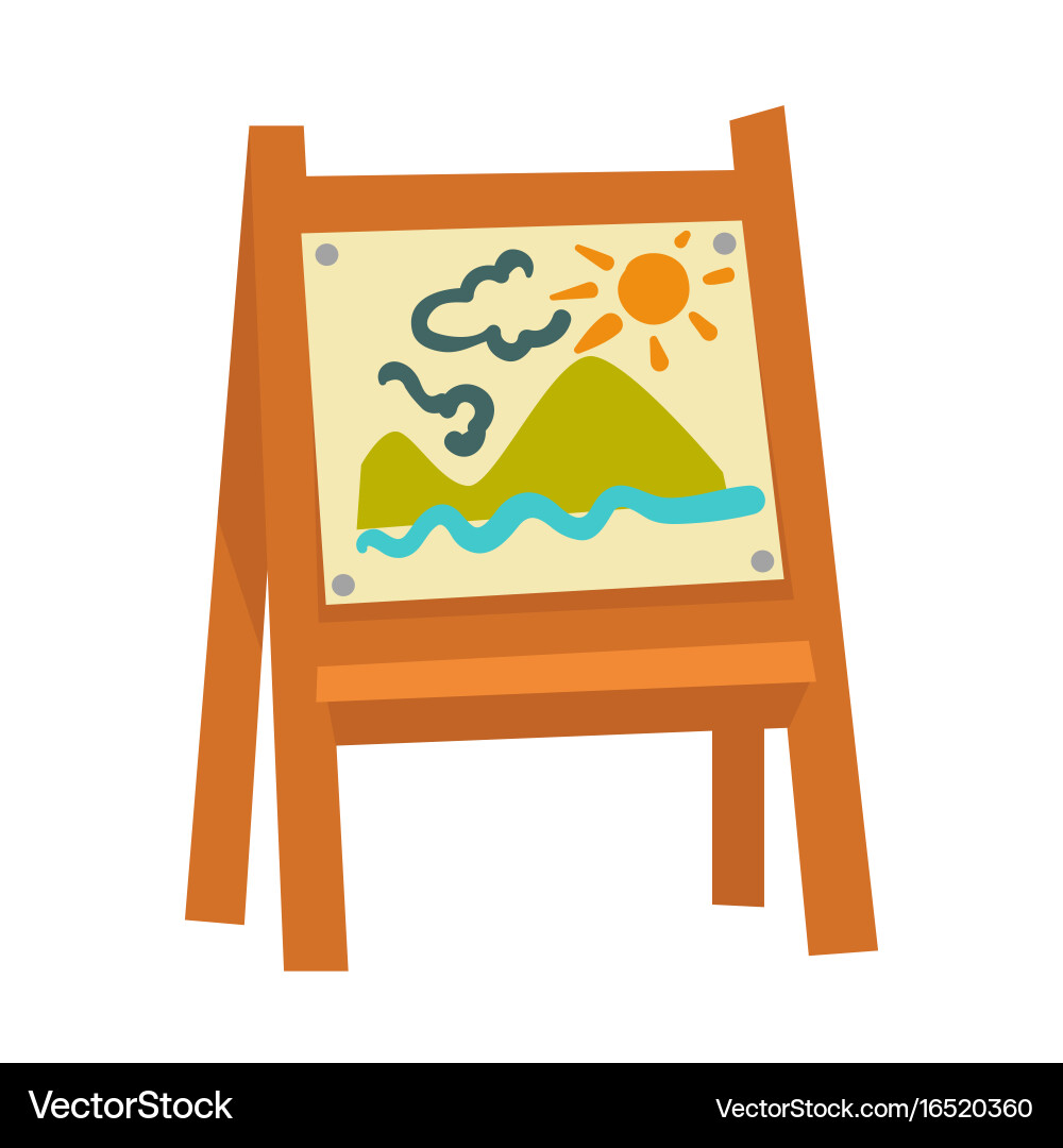 Wooden easel with attached childish drawing Vector Image