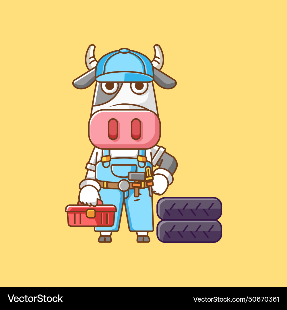 Cute cow mechanic with tool at workshop cartoon Vector Image