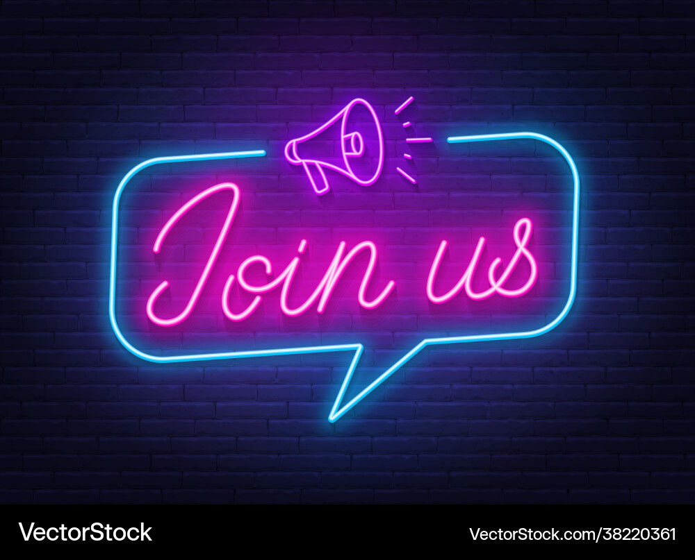 Join us neon sign on a brick background Royalty Free Vector