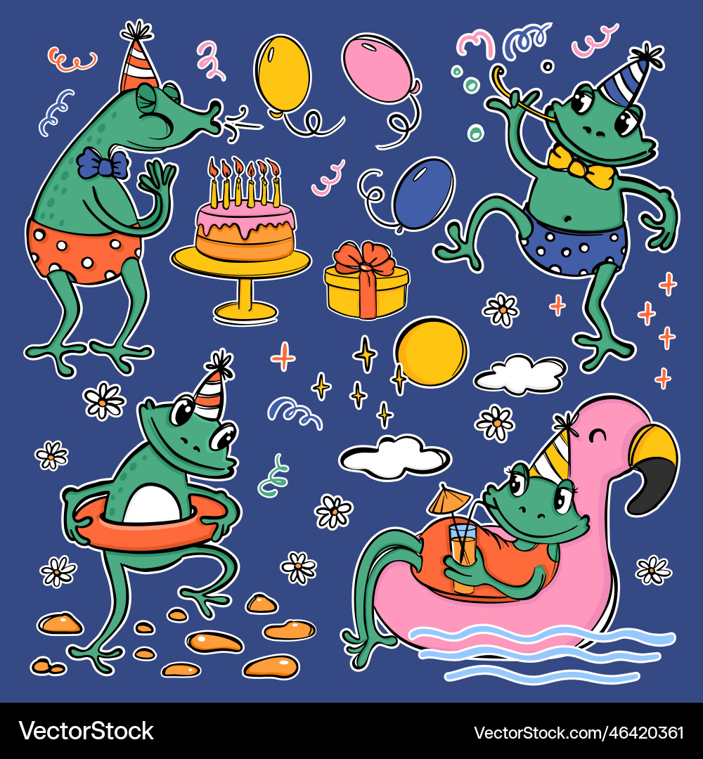 Kids birthday clipart cute frogs resting outdoors Vector Image