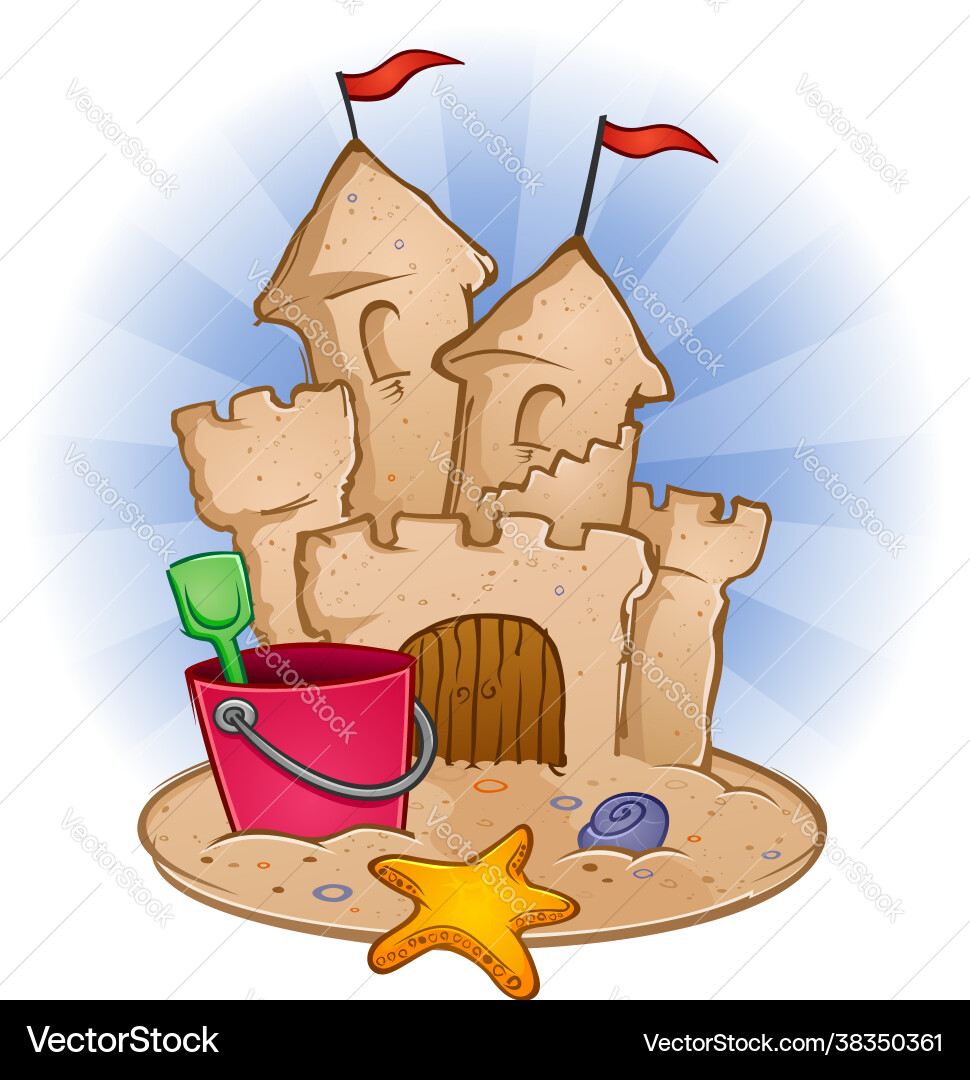 Sandcastle with toys on beach Royalty Free Vector Image