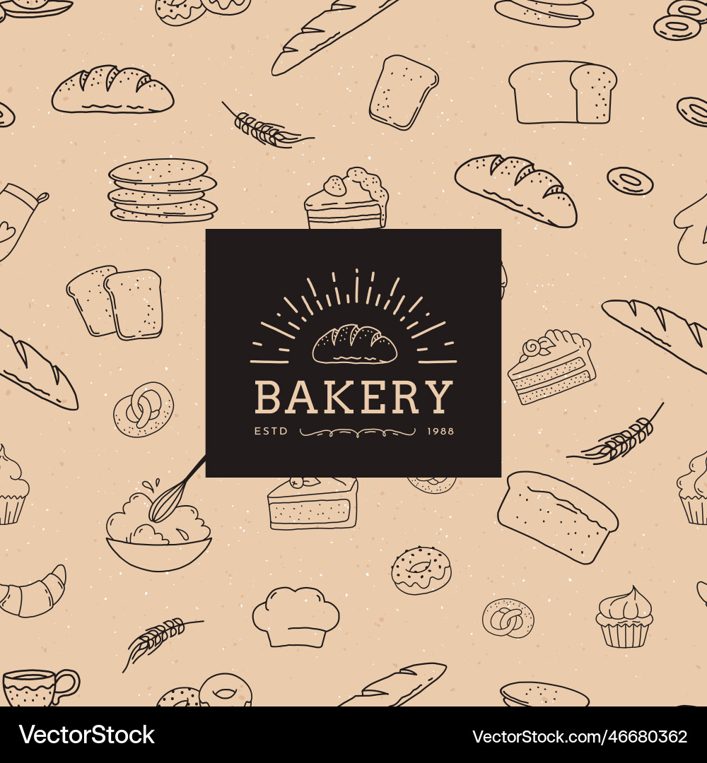 Bakery Doodle Pattern - Bread & Pastries Vector Image