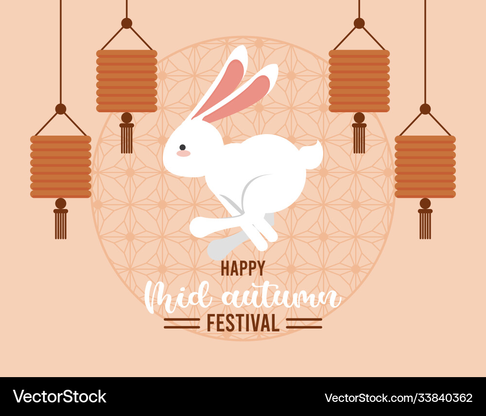 Happy mid autumn lettering card with rabbit Vector Image