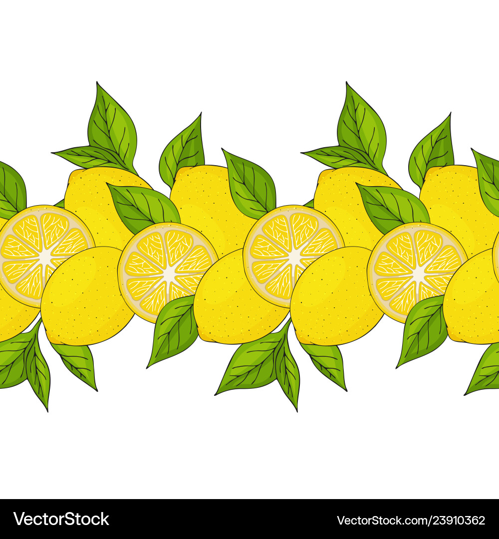 Seamless border yellow lemons and leaves endless Vector Image