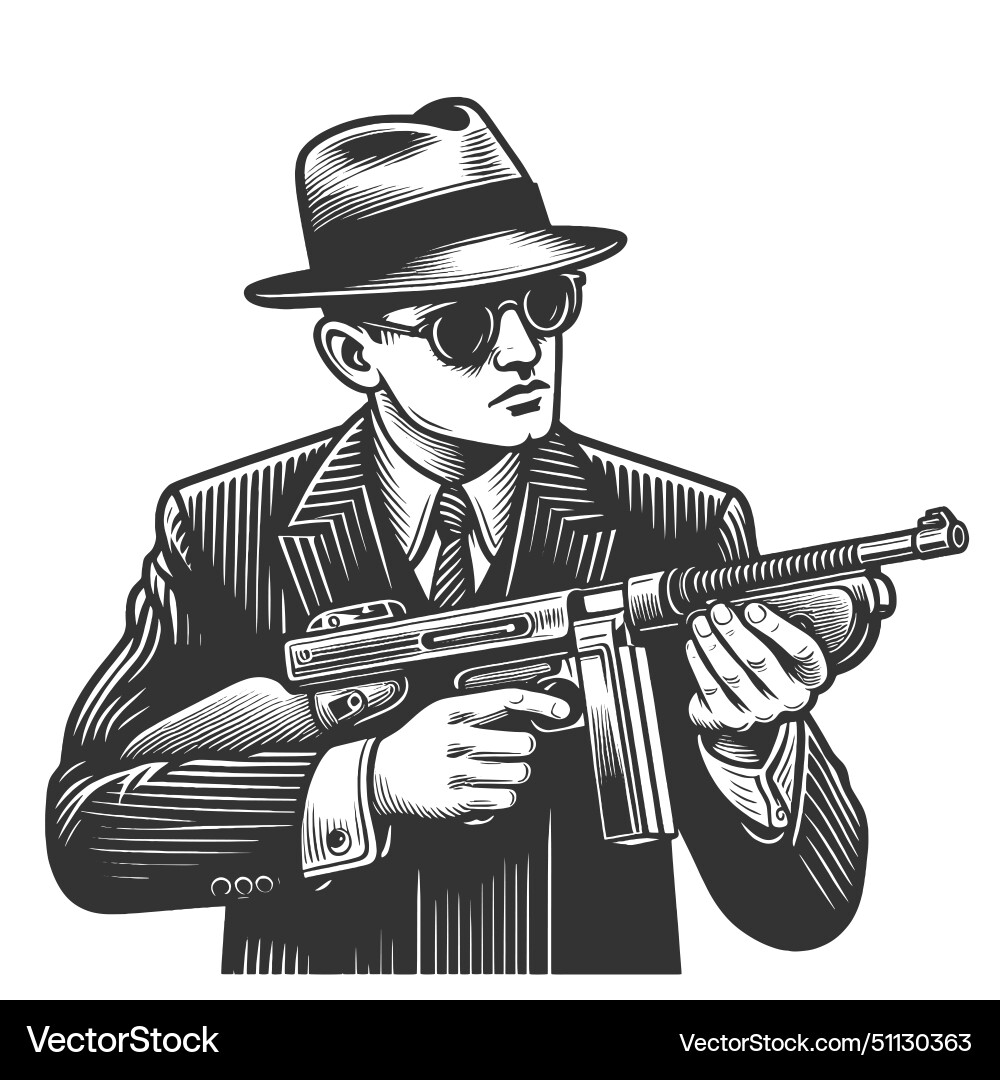 Gangster with tommy gun sketch Royalty Free Vector Image