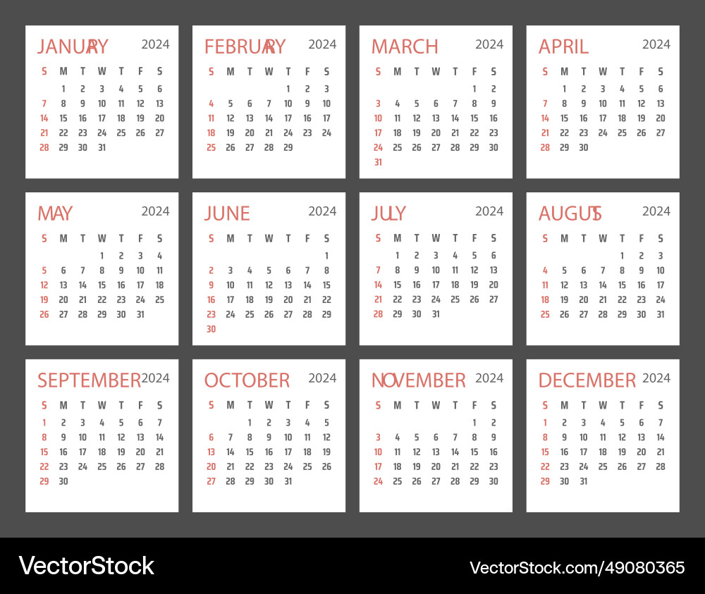 Calendar for 2024 starts sunday Royalty Free Vector Image