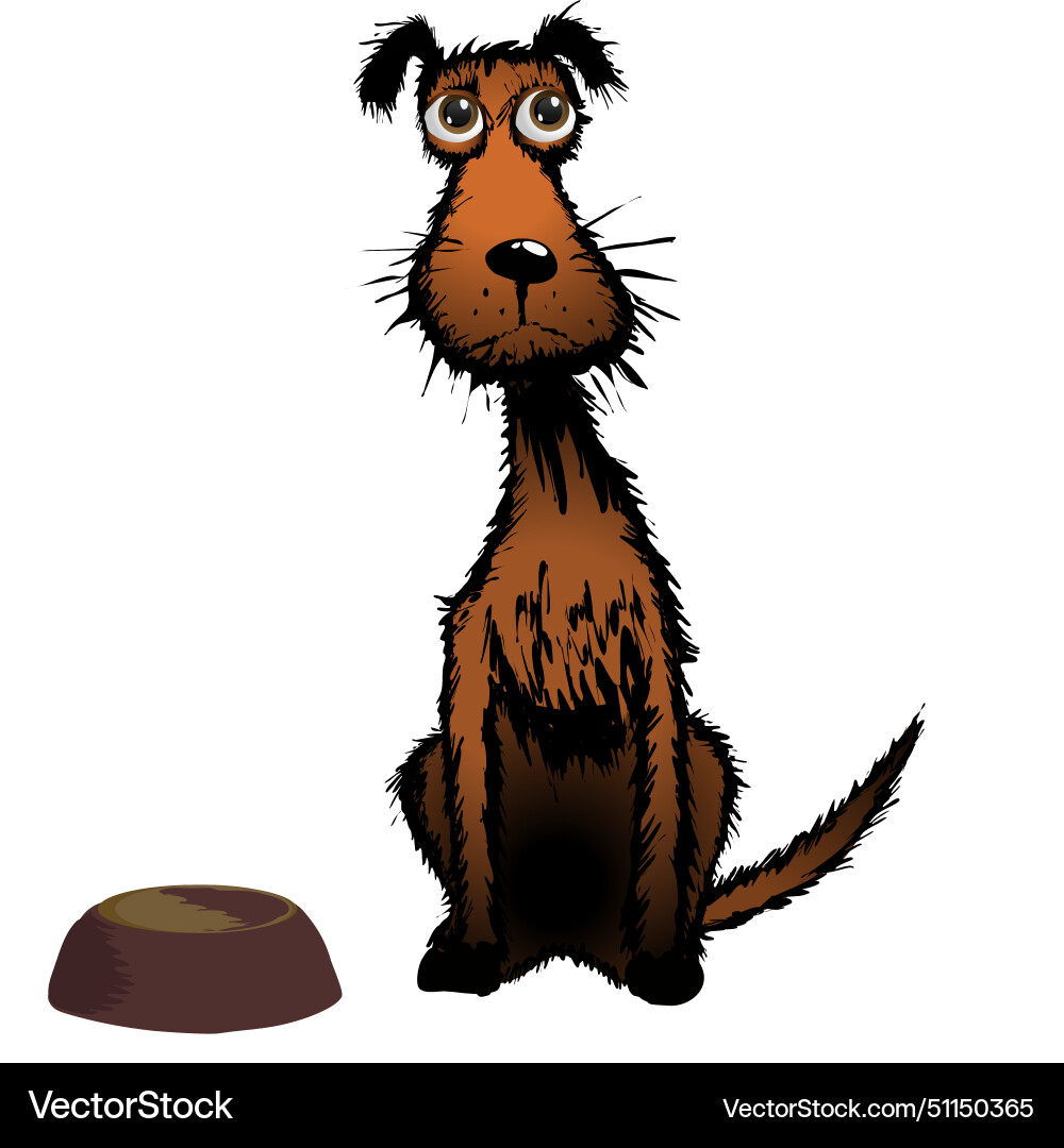 Hungry dog character making plaintive look next to