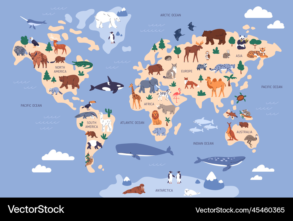 World map with animals in water and on earth Vector Image