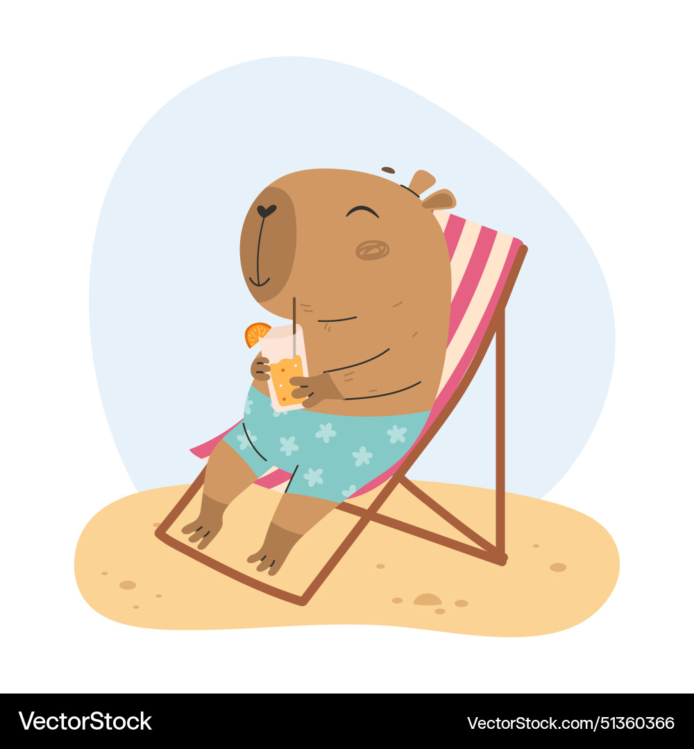 Capybara with orange juice sunbathing on the beach