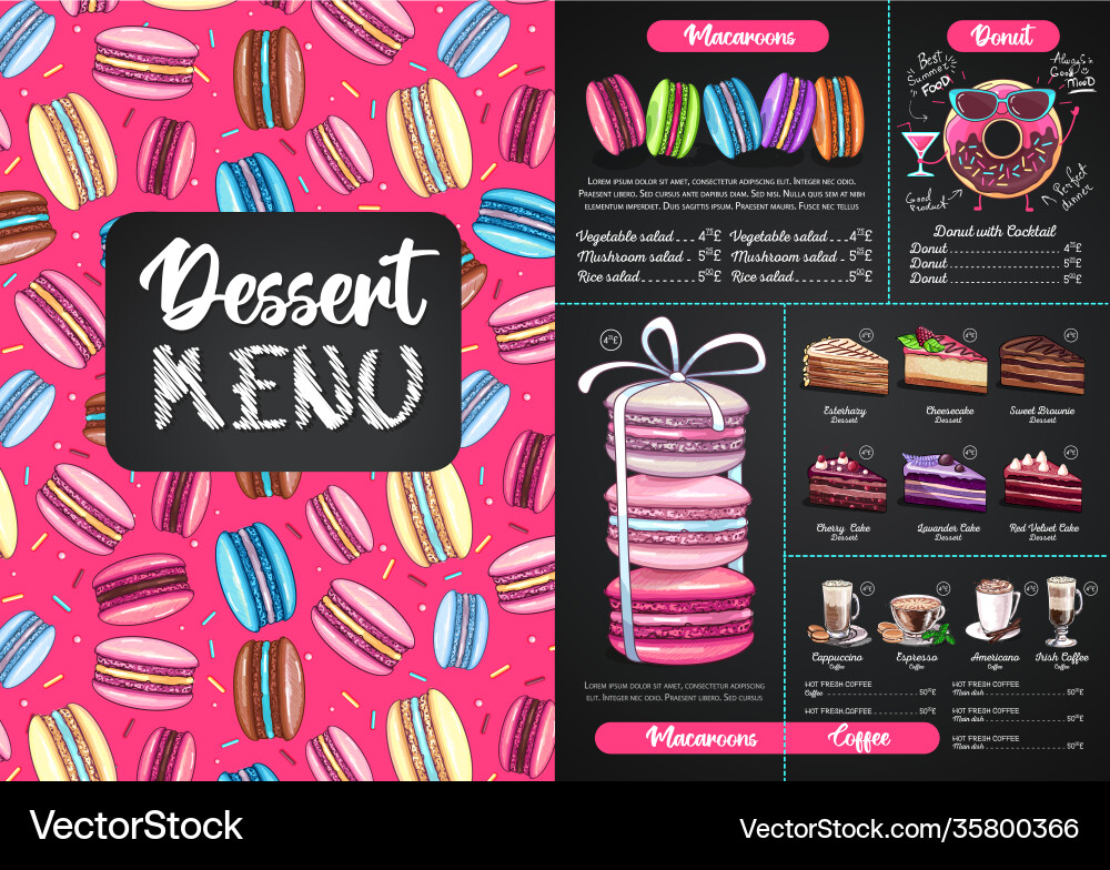 Dessert menu design with sweet macaroons and cakes
