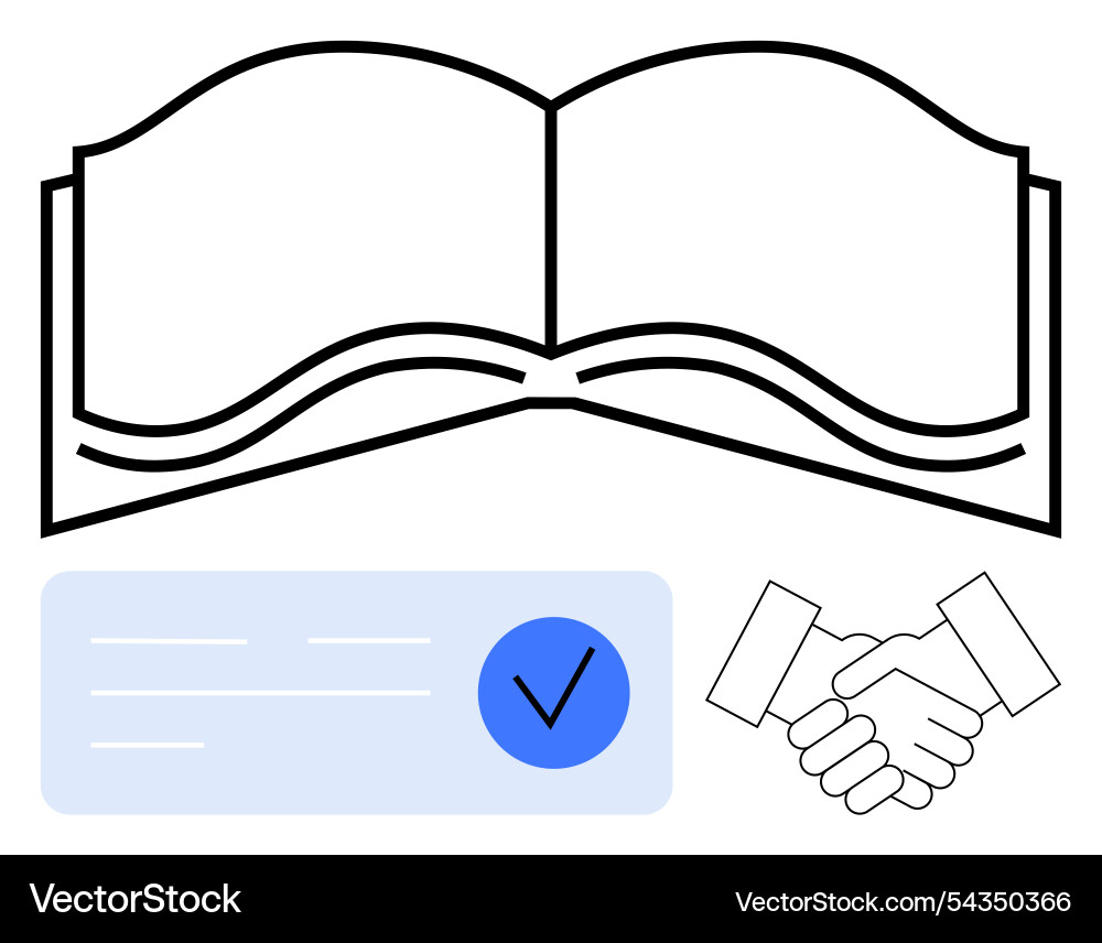 Open book with handshake agreement and checkmark Vector Image