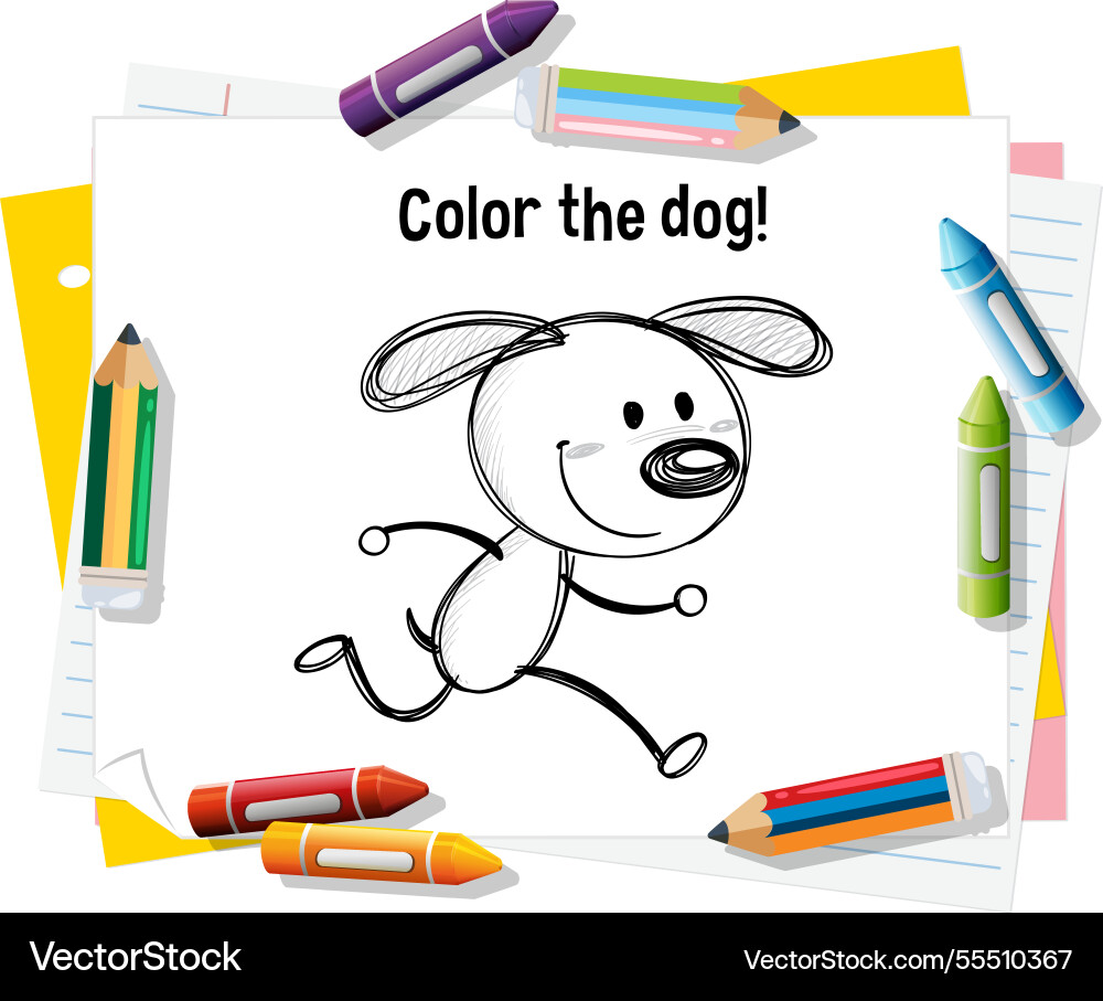 Playful dog drawing surrounded by colorful crayons