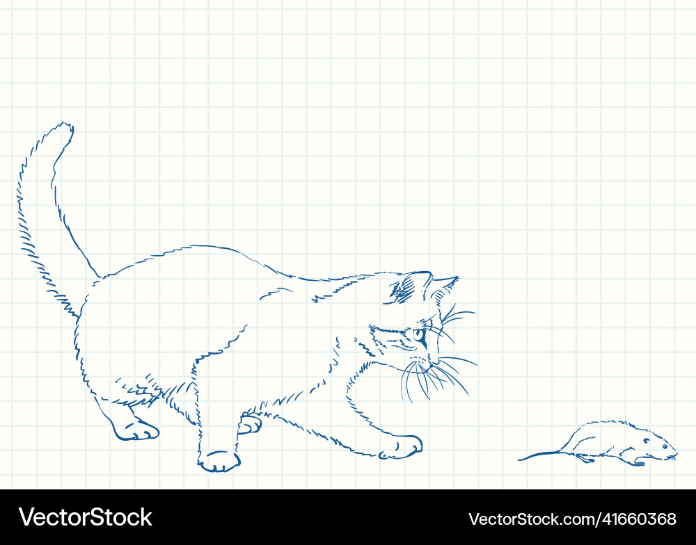 Cat playing with mouse blue pen sketch on square Vector Image