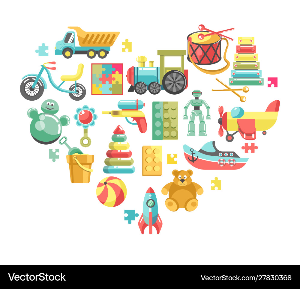 Childish toys isolated objects in heart Royalty Free Vector