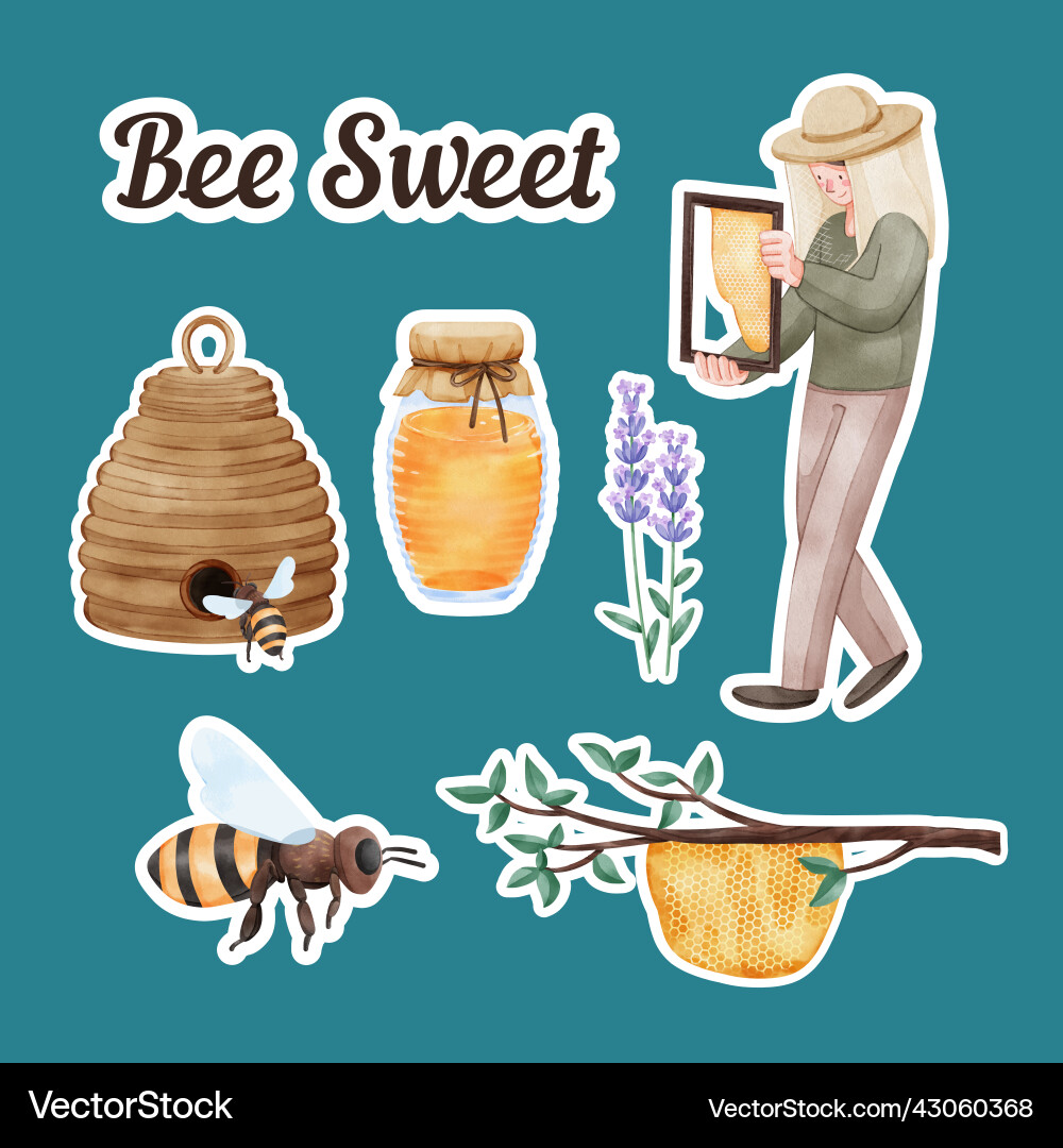 Sticker template with honey bee conceptwatercolor Vector Image