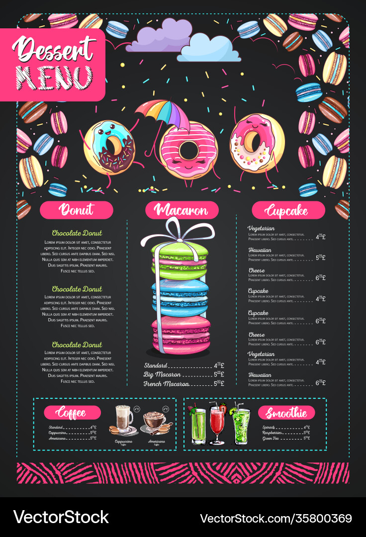 Dessert menu design with sweet macaroons and cakes