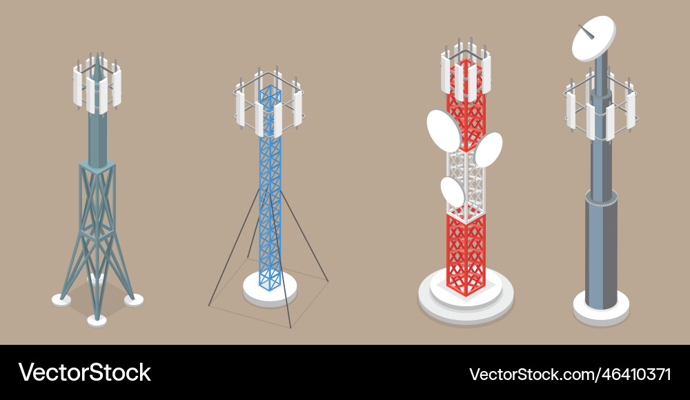 3d isometric flat set of telecom towers Royalty Free Vector