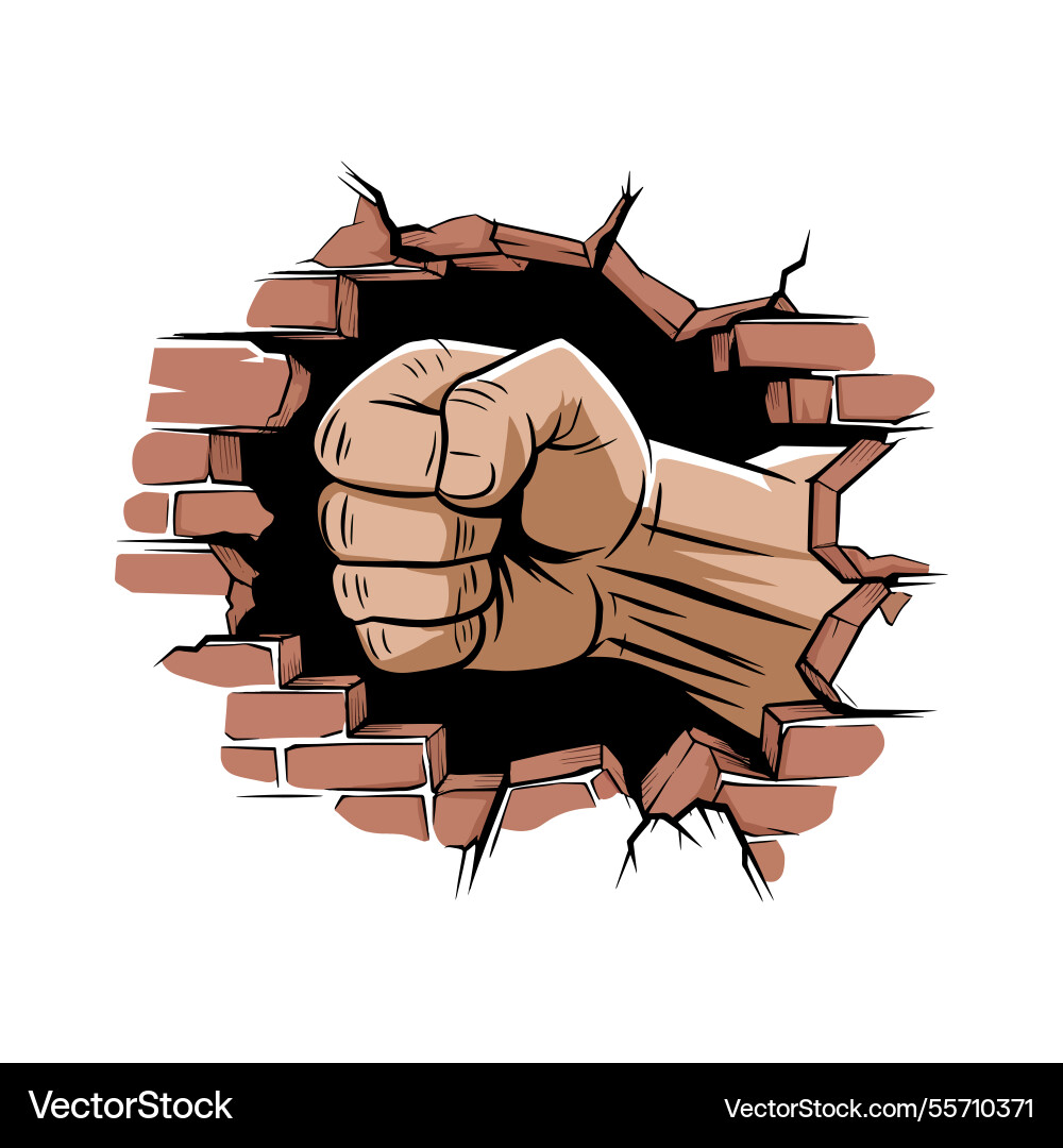 A fist hand breaking brick wall isolated Vector Image