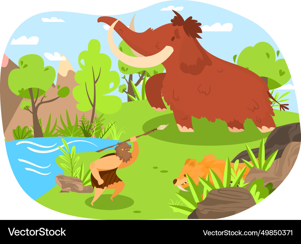 Caveman hunting mammoth by river in prehistoric Vector Image