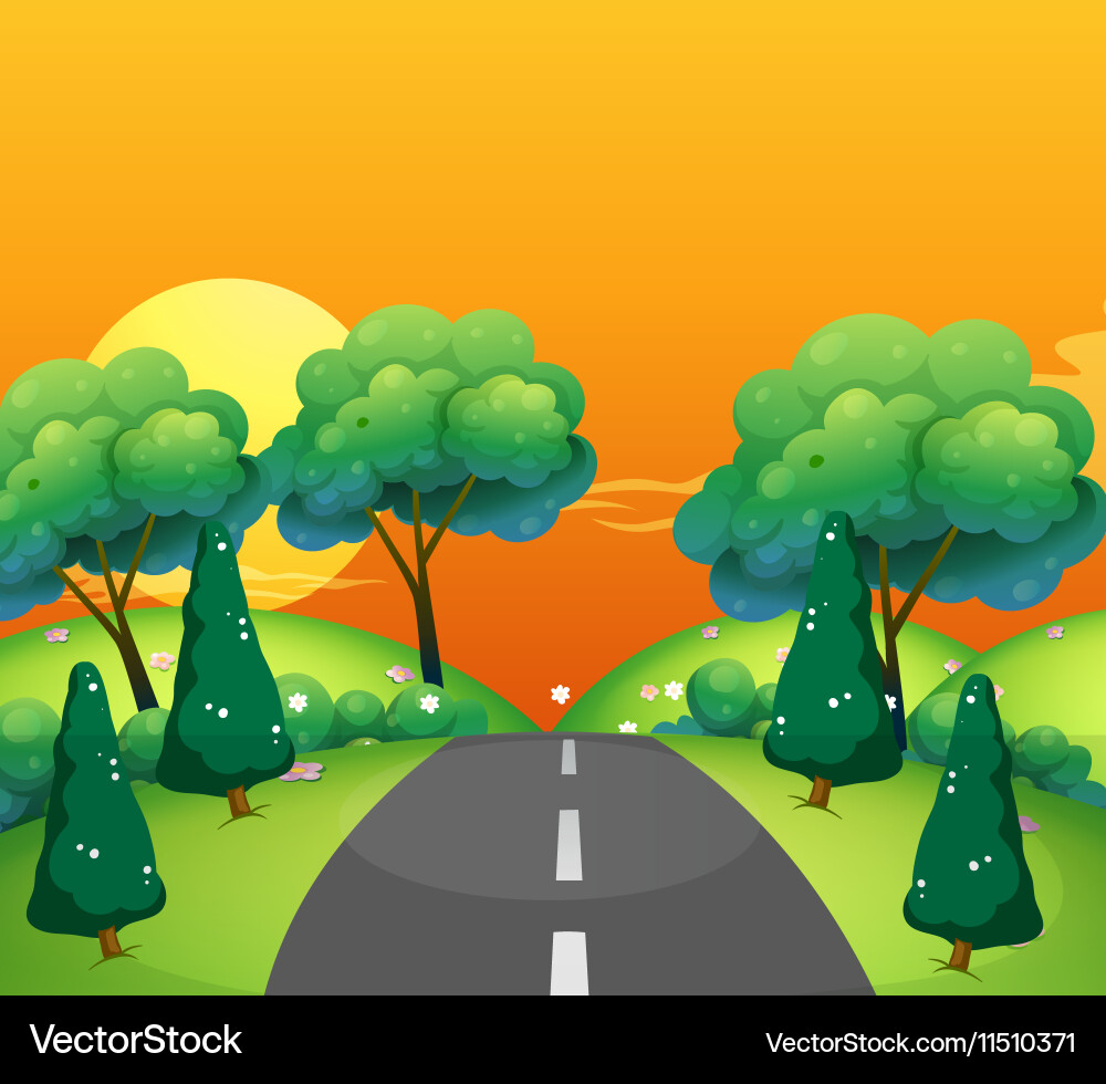Countryside scene with road at sunset Royalty Free Vector