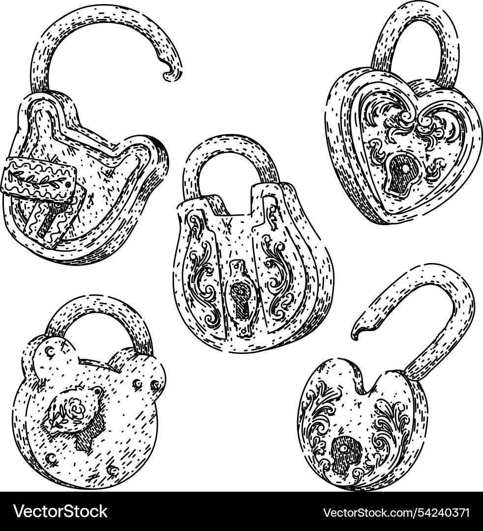 Padlock vintage set sketch hand drawn Royalty Free Vector