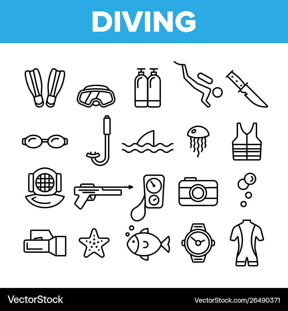 Scuba diving equipment linear icons set Royalty Free Vector