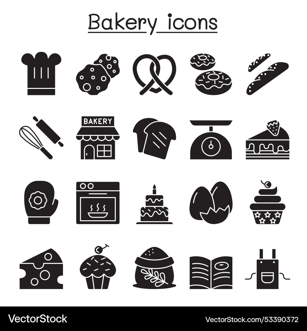 Bakery icons set in glyph style Royalty Free Vector Image