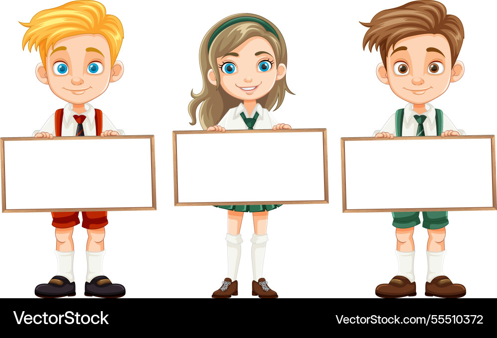 Three kids with blank signs smiling happily Vector Image