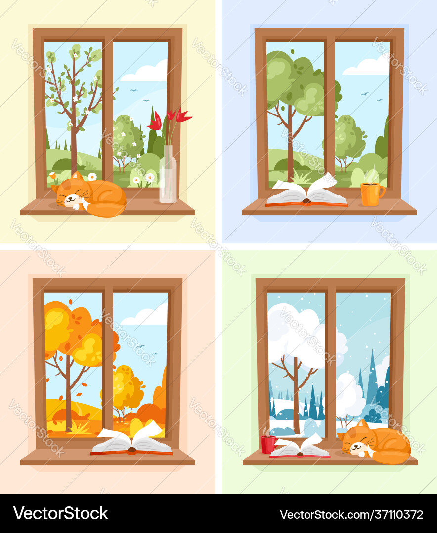 Windows with seasons and weather landscape Vector Image