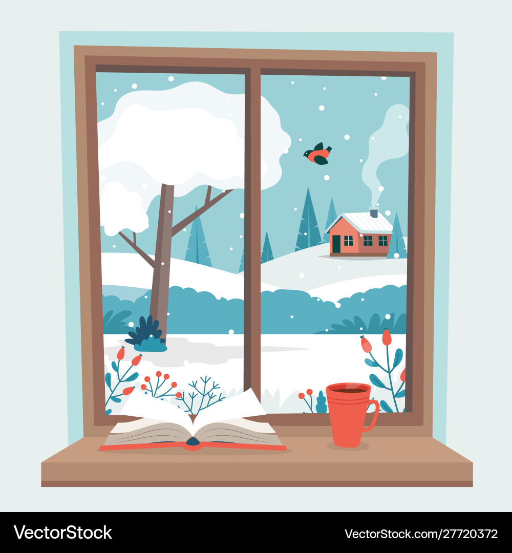 Winter window with view a book and coffee cup Vector Image