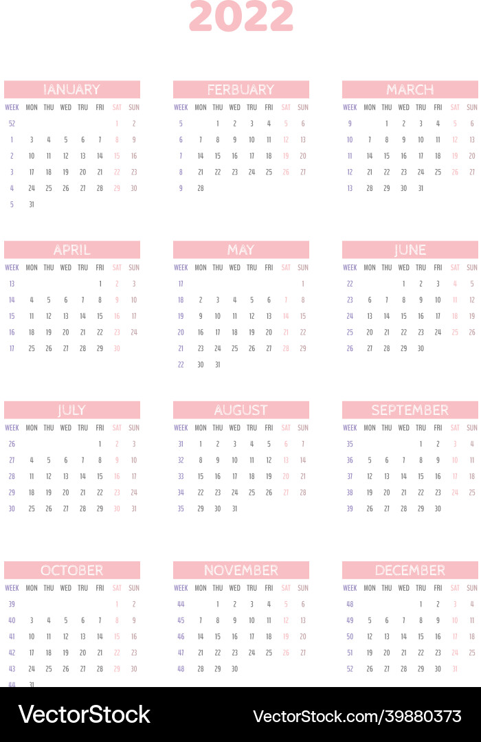 2022 calendar week starts with monday Royalty Free Vector