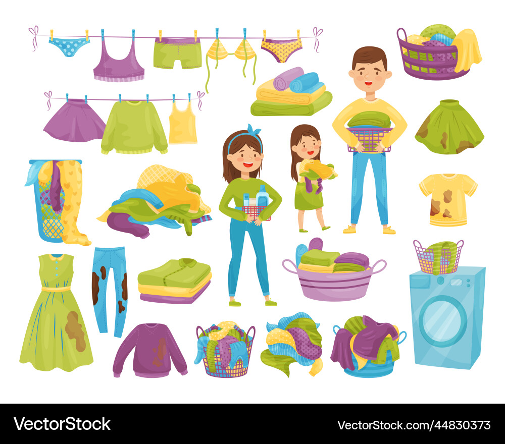 Family doing laundry set mother father Royalty Free Vector
