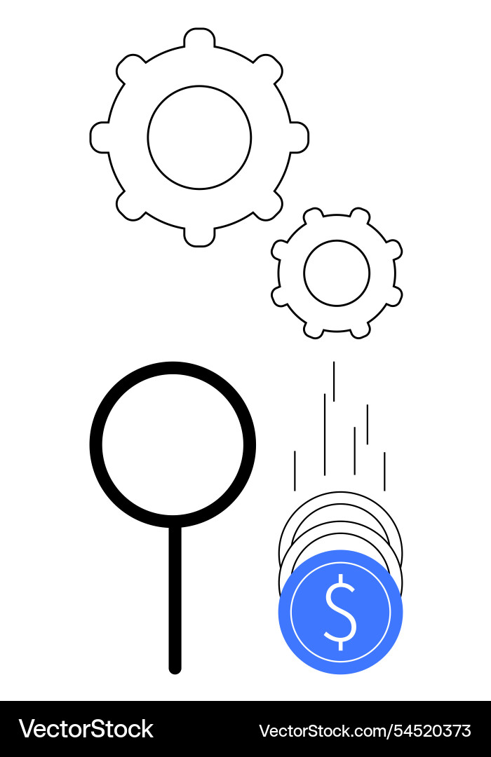 Magnifying glass gears and falling coins Vector Image
