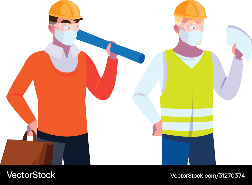 Men engineer and operator with mask helmet Vector Image