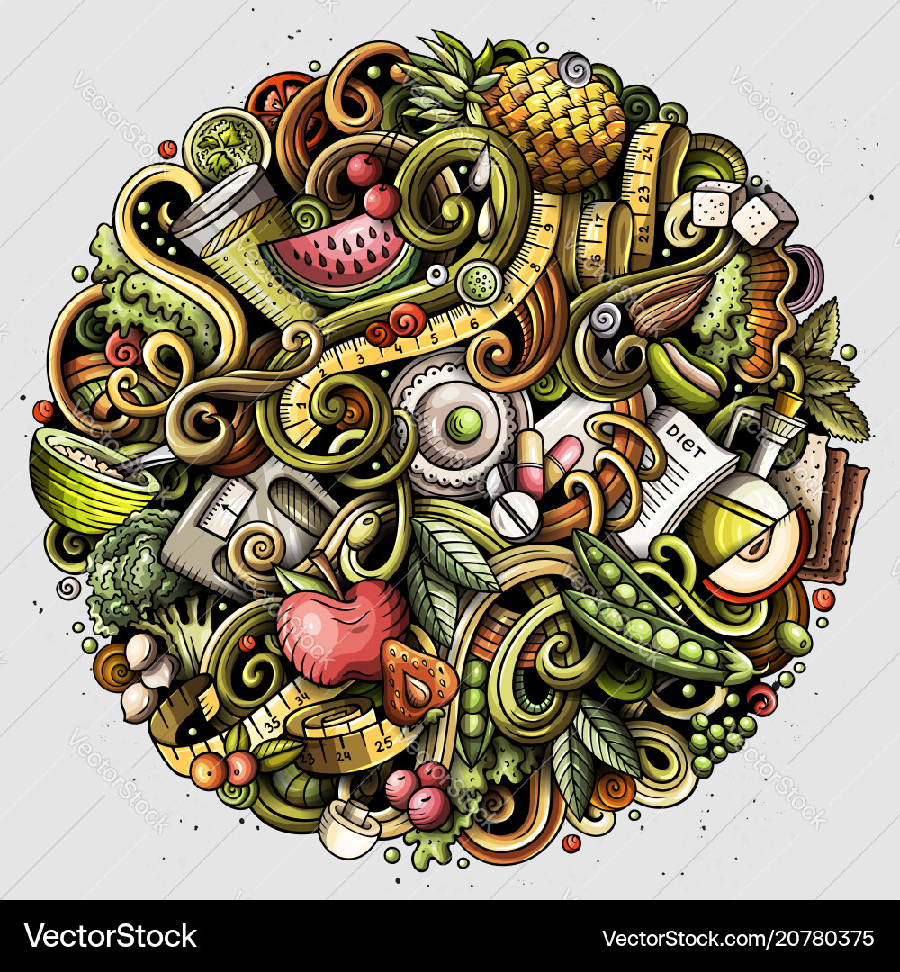 Cartoon Diet Doodle Set Lizenzfreies Vektorbild