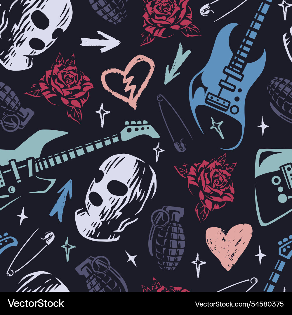 Rock music pattern featuring skulls and roses Vector Image